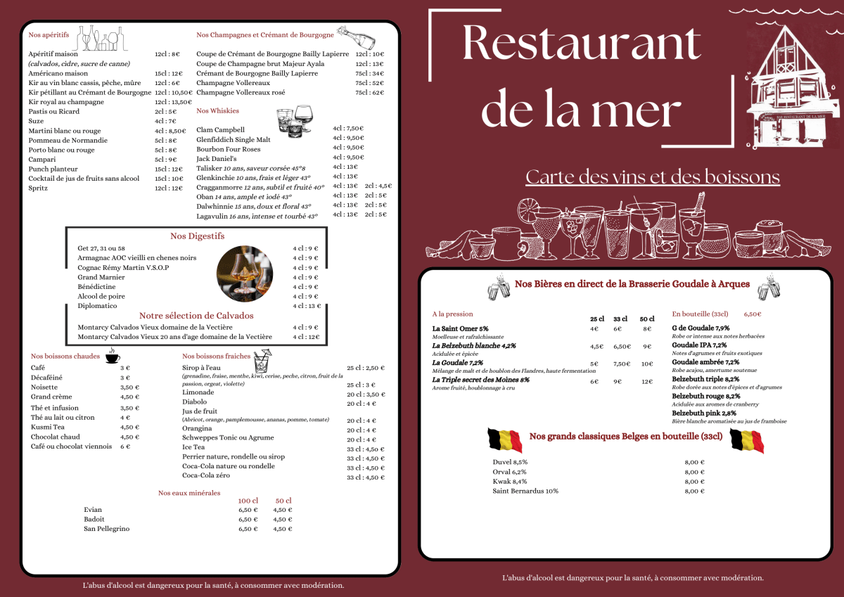 Speisekarte 2024 – Restaurant de la Mer in Veulettes-sur-Mer – TheFork