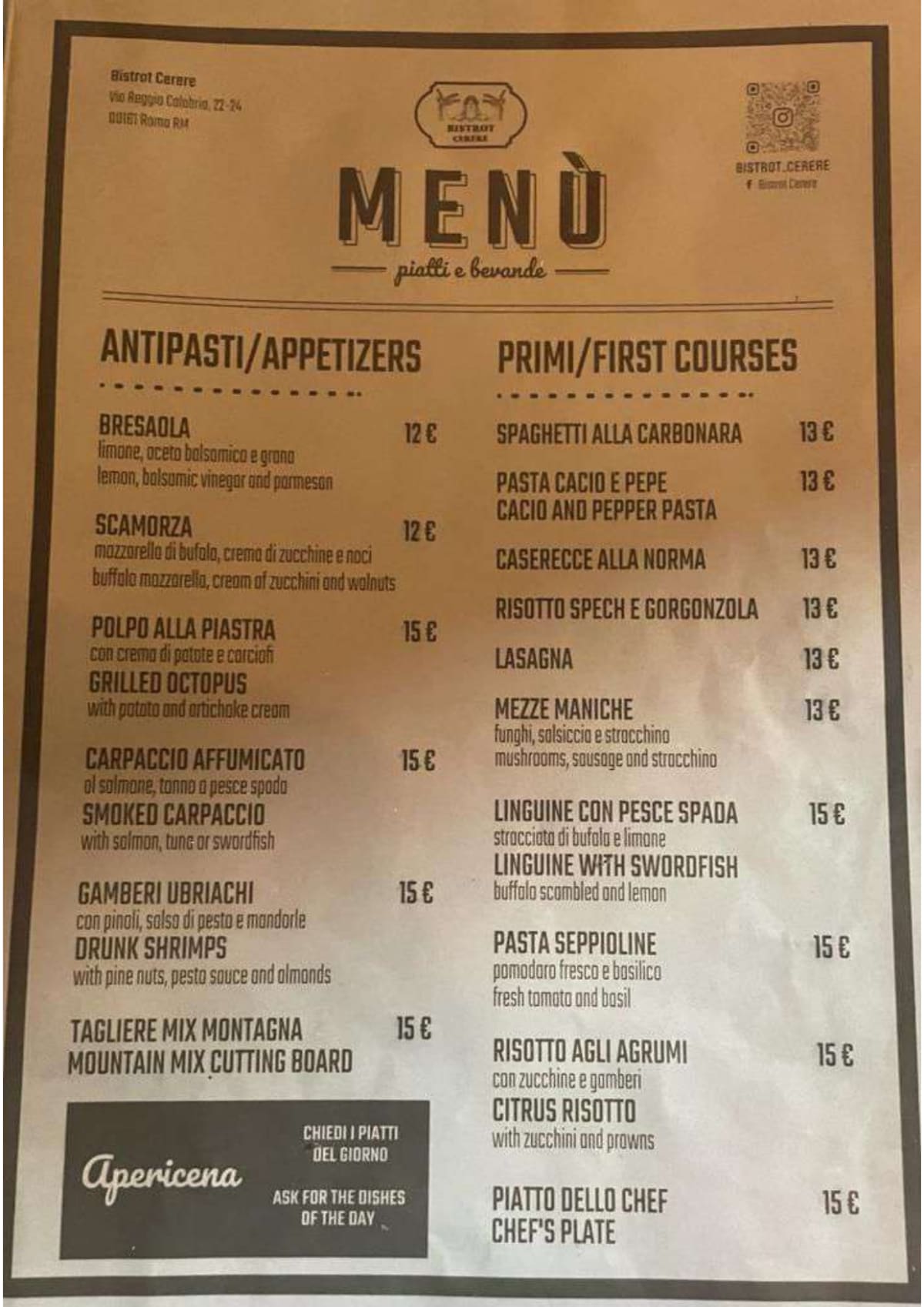 Carte et Menus 2024 - Bistrot Cerere à Rome | TheFork