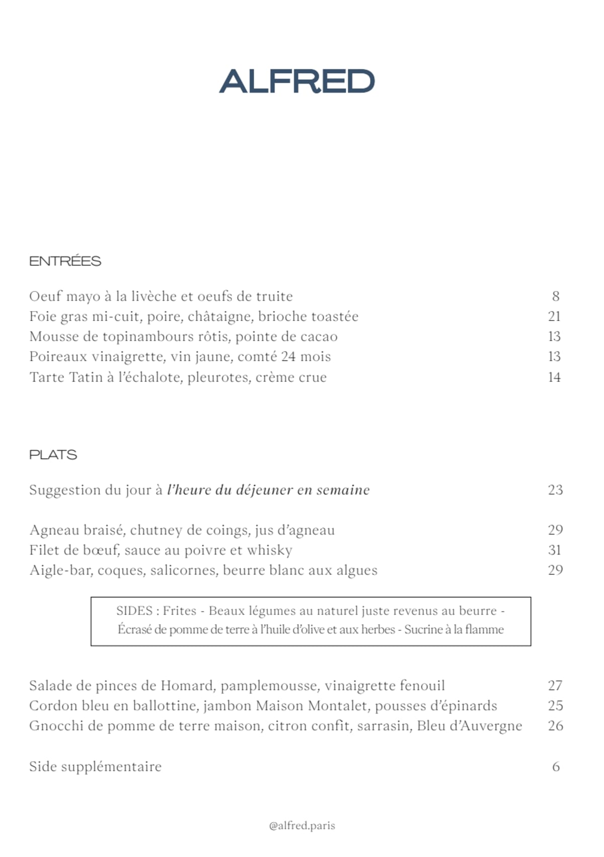 Carte et Menus 2023 - Alfred Paris à Paris | TheFork
