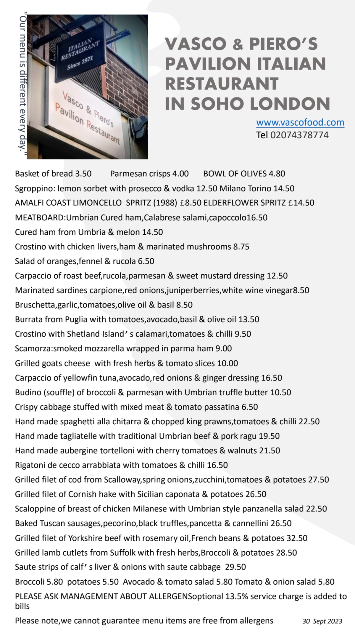 Menus 2024 - Vasco & Piero's Pavilion Restaurant in London | TheFork