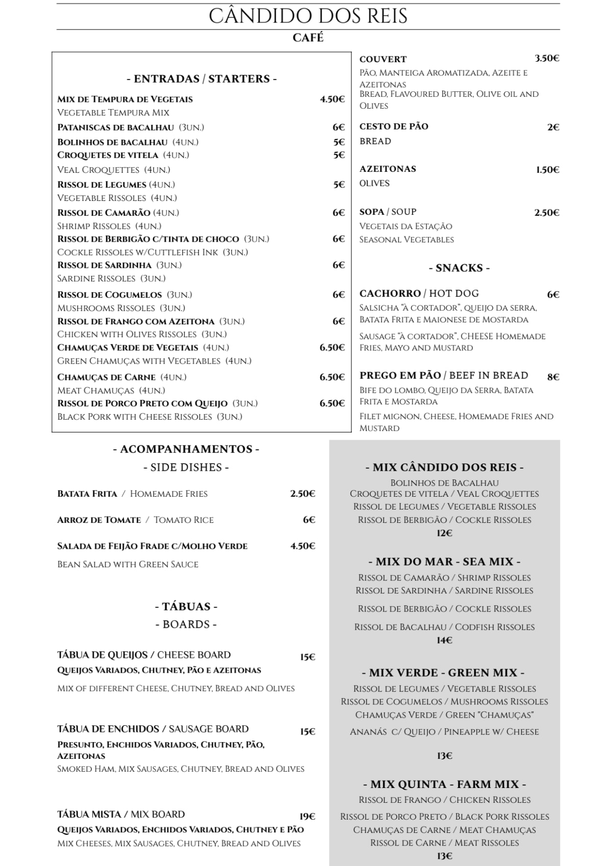 Carte et Menus 2024 - Cândido do Reis Café à Porto | TheFork