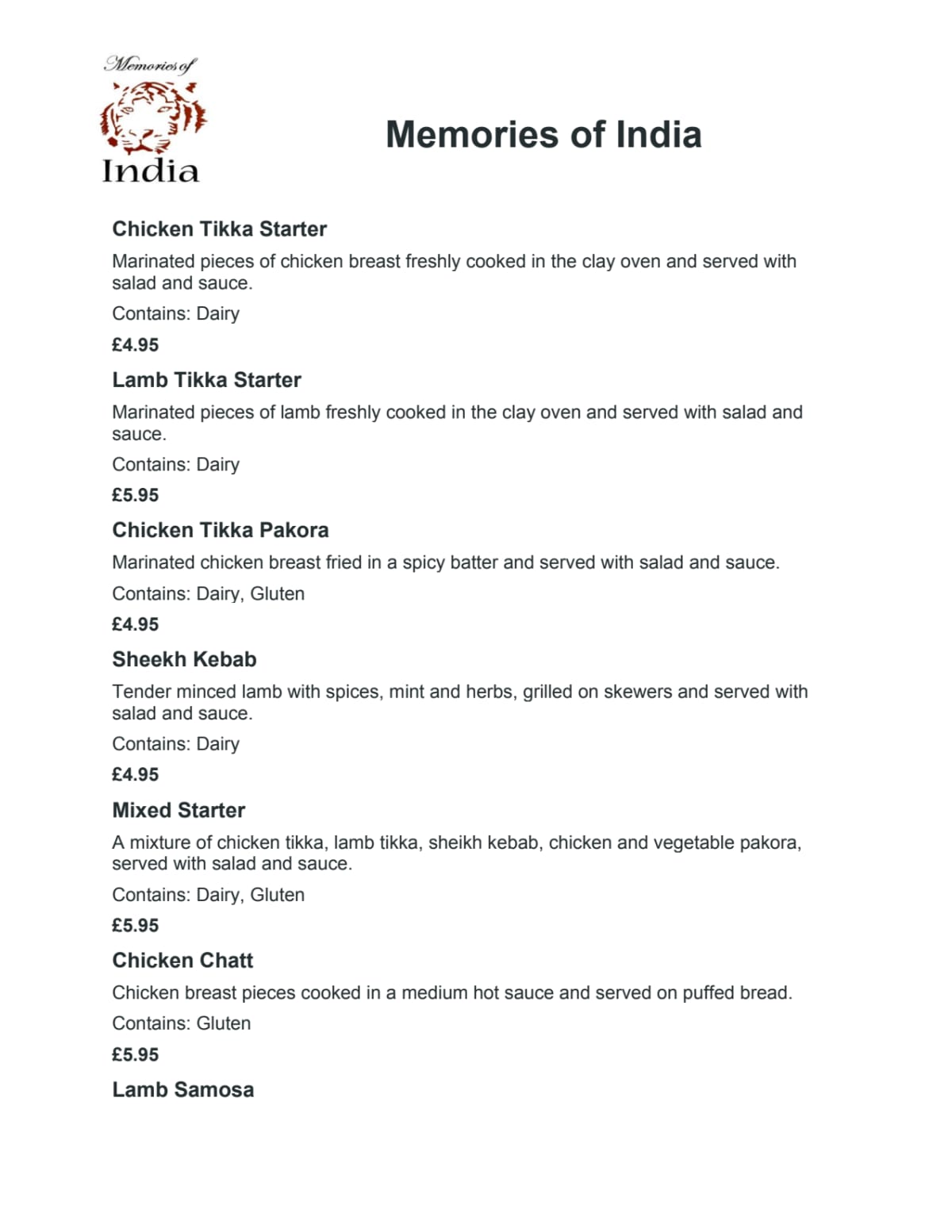 Carte et Menus 2024 - Memories of India à Gorebridge | TheFork
