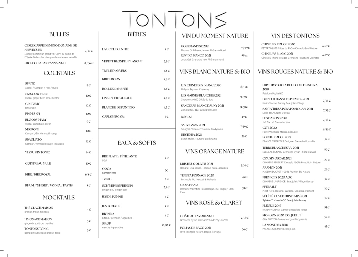 Menus 2023 - Tontons in Uccle | TheFork