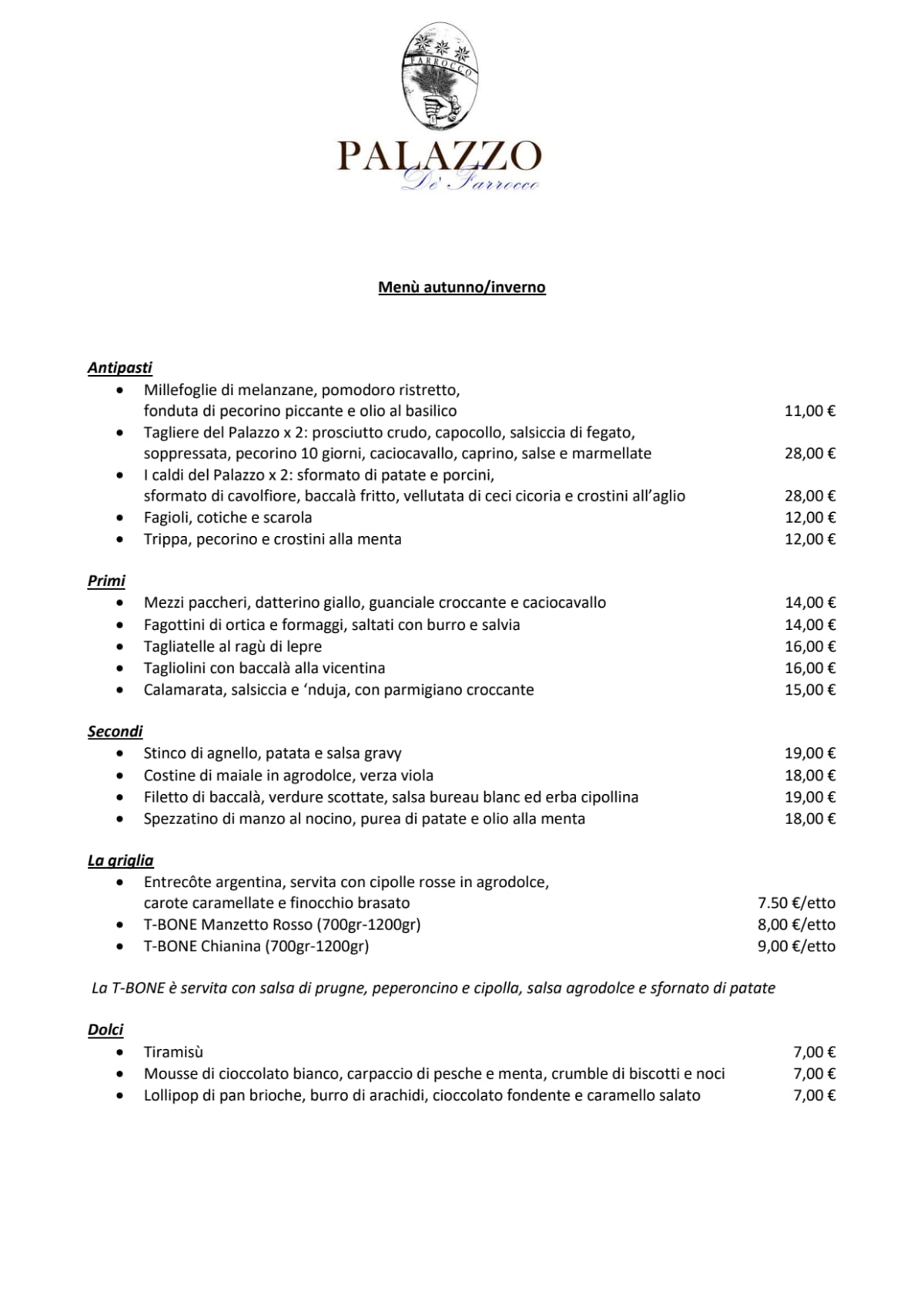 Menus 2024 - Palazzo Dè Farrocco in Cerro Al Volturno | TheFork