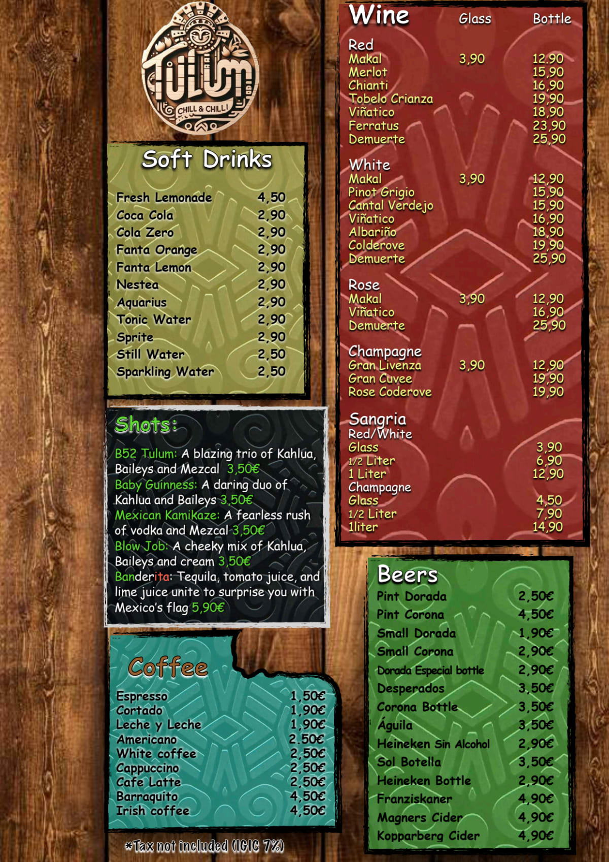 Menu 2024 - Tulum Chill & Chilli in Playa De Los Cristianos | TheFork