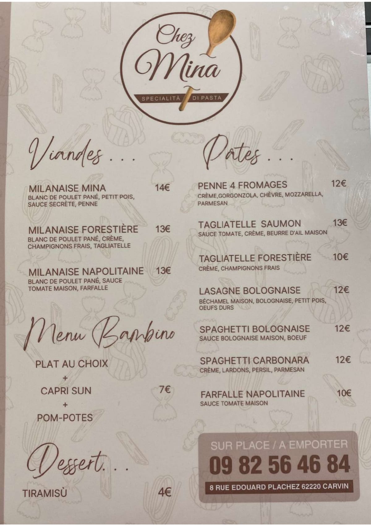 Carte et Menus 2024 - Chez Mina à Carvin | TheFork