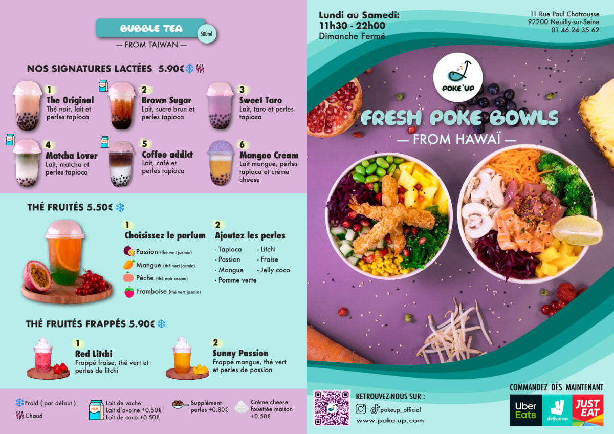 Carte et Menus 2024 - Poke Up Neuilly - Poke Bowl & Bubble Tea à Neuilly-sur-Seine | TheFork