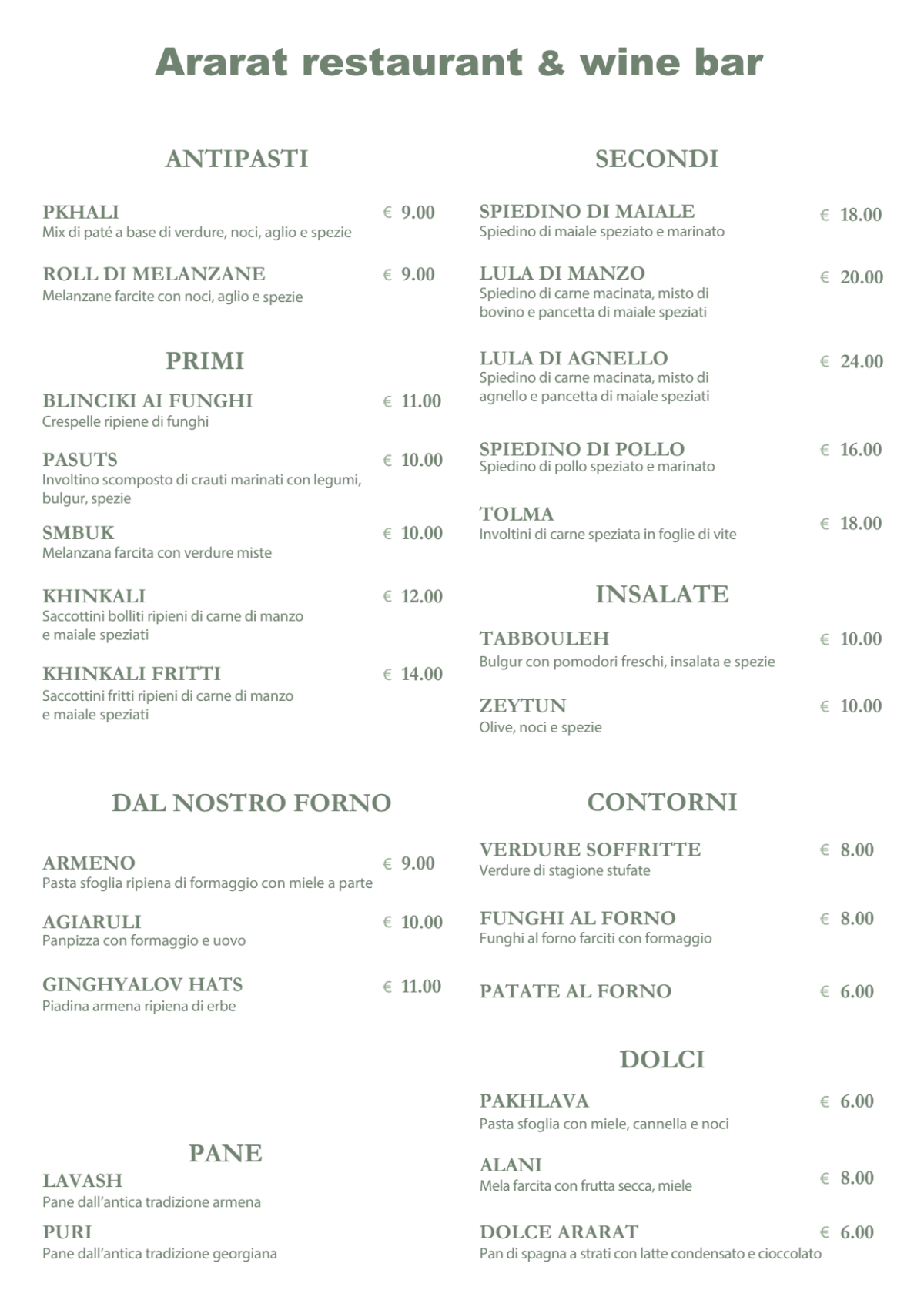 Carte et Menus 2024 - ARARAT Restaurant & Wine Bar à Florence | TheFork