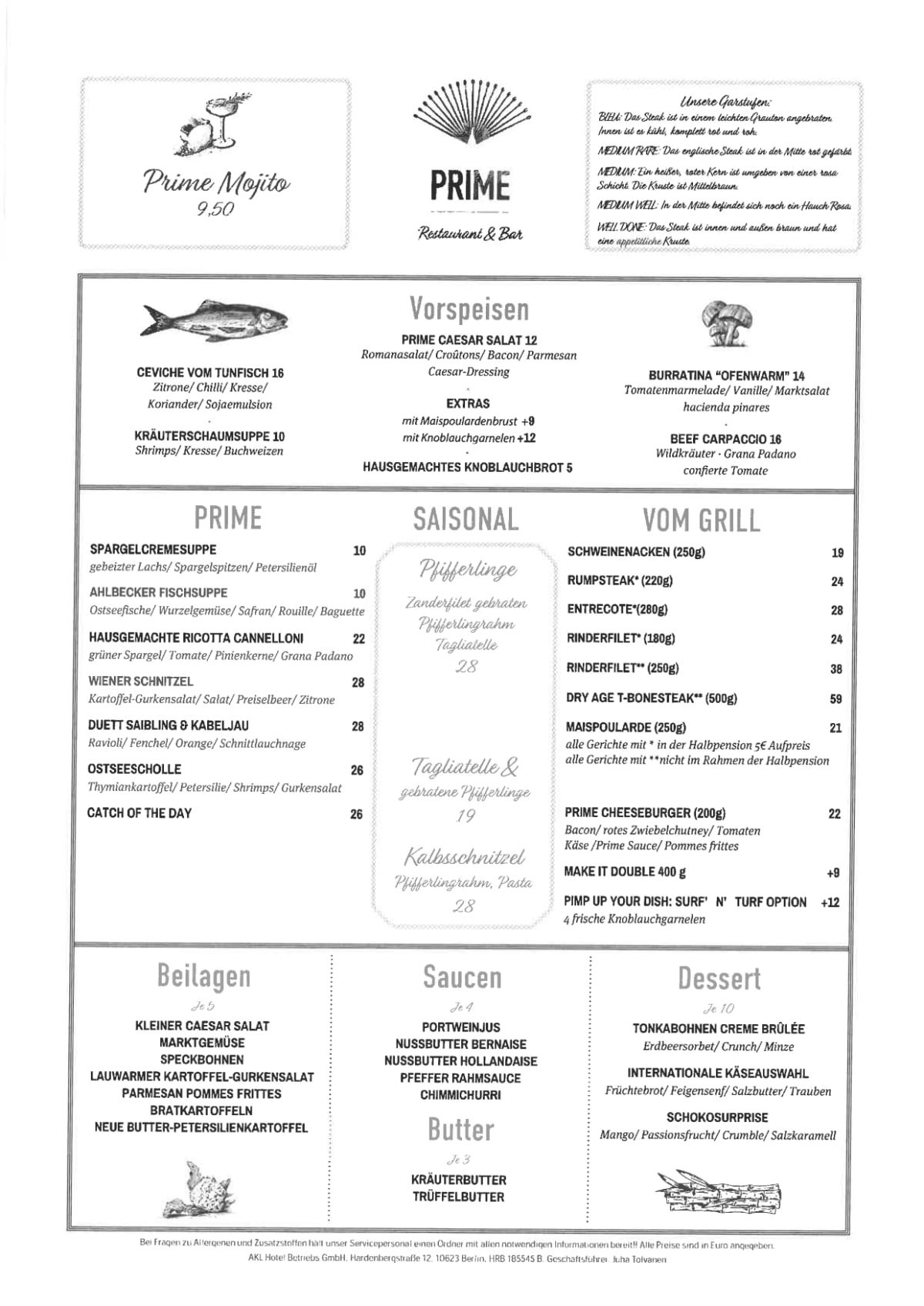 Carte et Menus 2023 - Strandhotel Ahlbeck - Prime Restaurant & Bar à ...