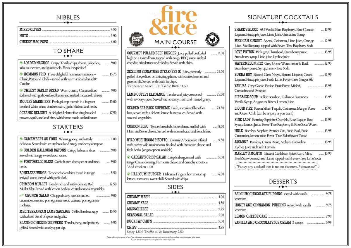 Menus 2024 - Fire & Ice in Pinner | TheFork