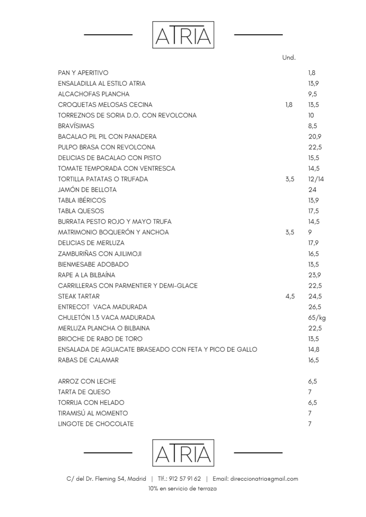 Carte et Menus 2024 - Atria Madrid à Madrid | TheFork