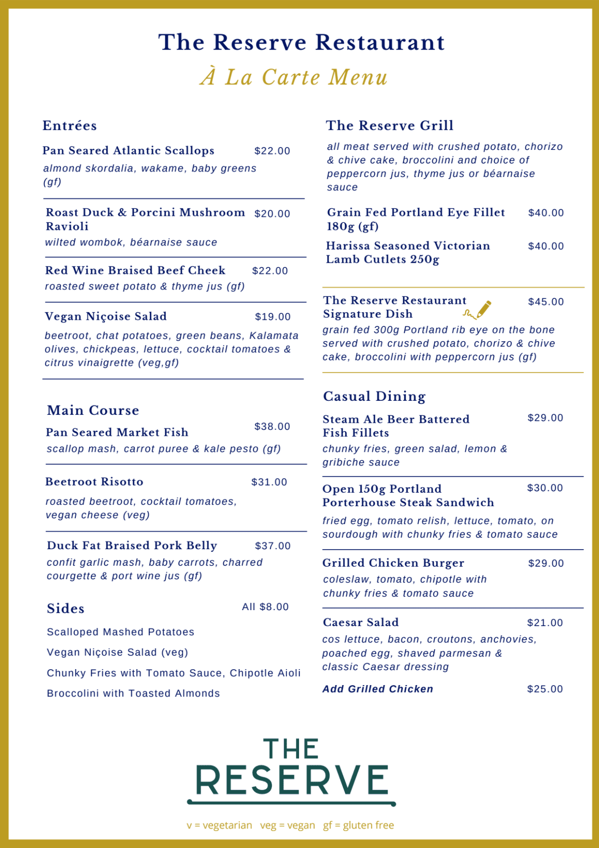 Meny 2024 - The Reserve Restaurant i Richmond (VIC) | TheFork