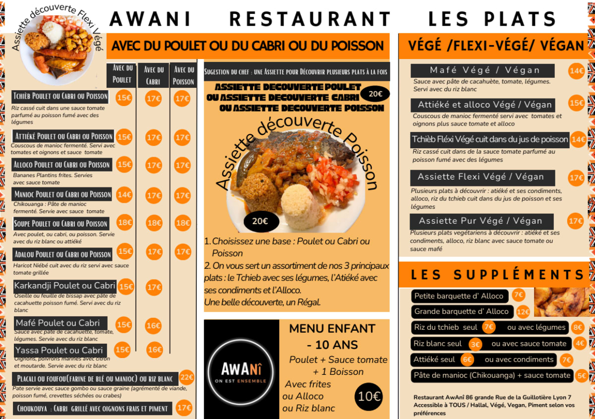 Carte et Menus 2024 - AWANI Restaurant Africain à Lyon | TheFork