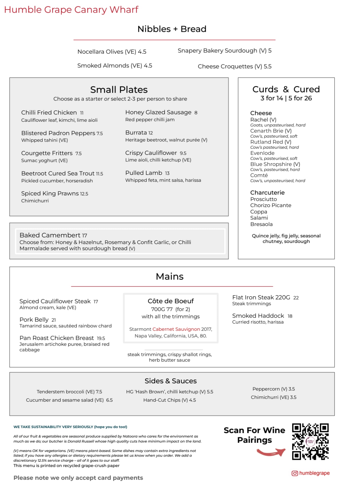 Menus 2023 - Humble Grape Canary Wharf in London | TheFork