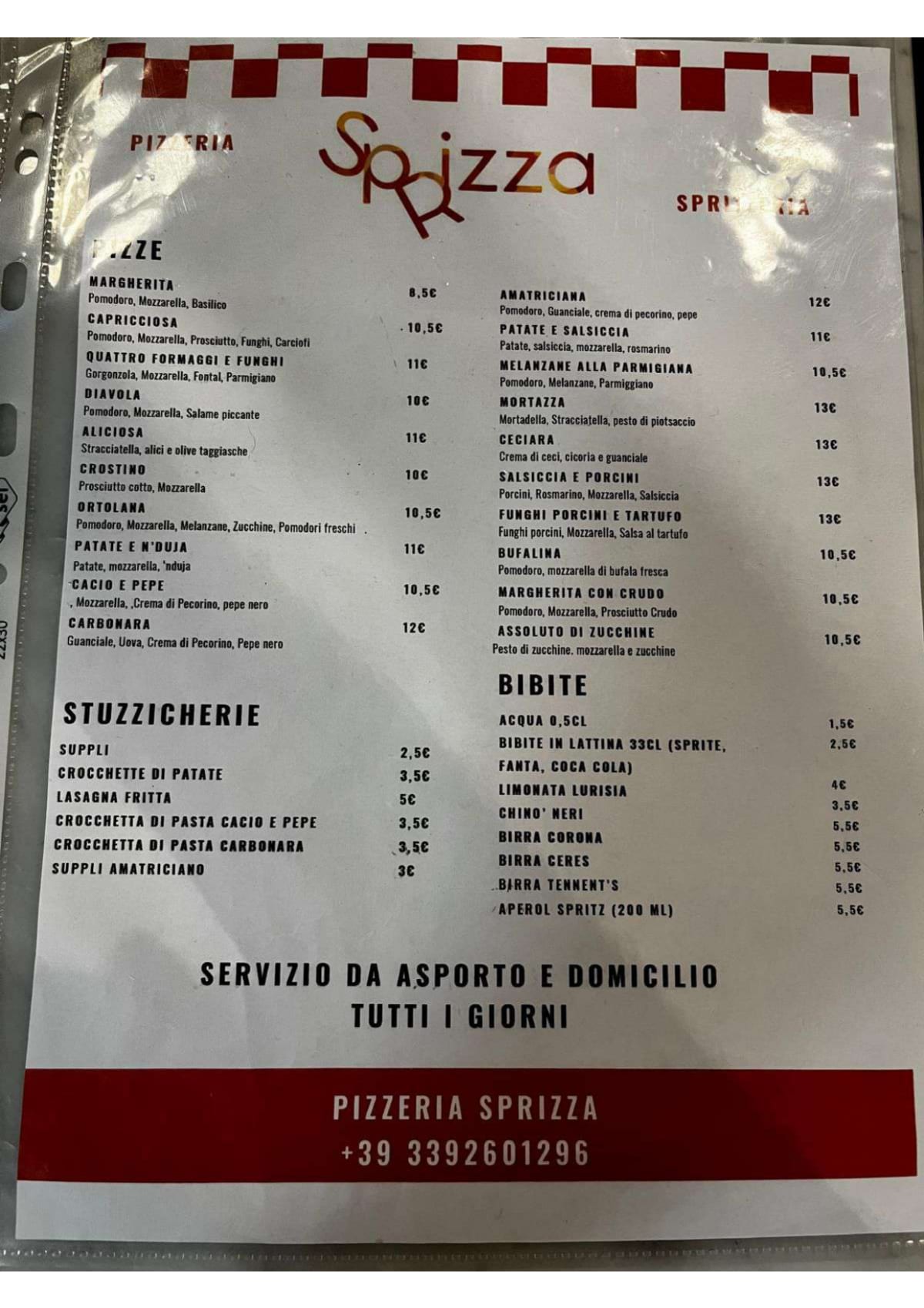 Carte et Menus 2024 - Sprizza à Rome | TheFork