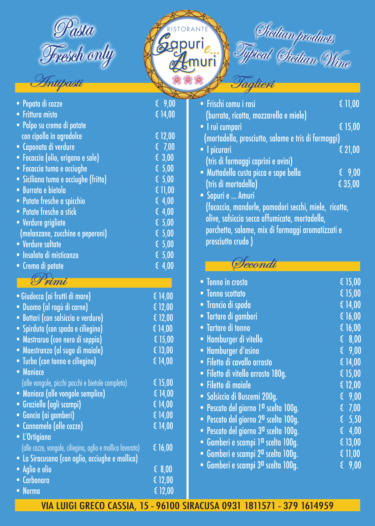 Menu 2024 - Sapuri e.... Amuri in Syracuse | TheFork