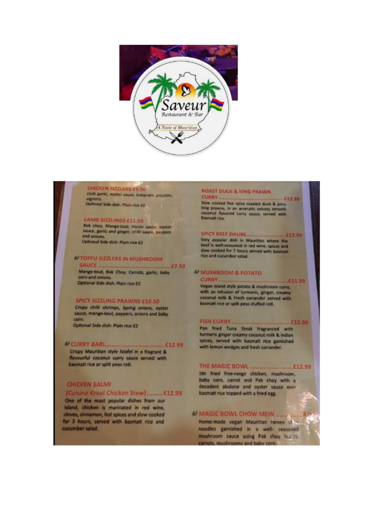 Menu 2024 - Saveur Tropicale Tooting em Londres | TheFork