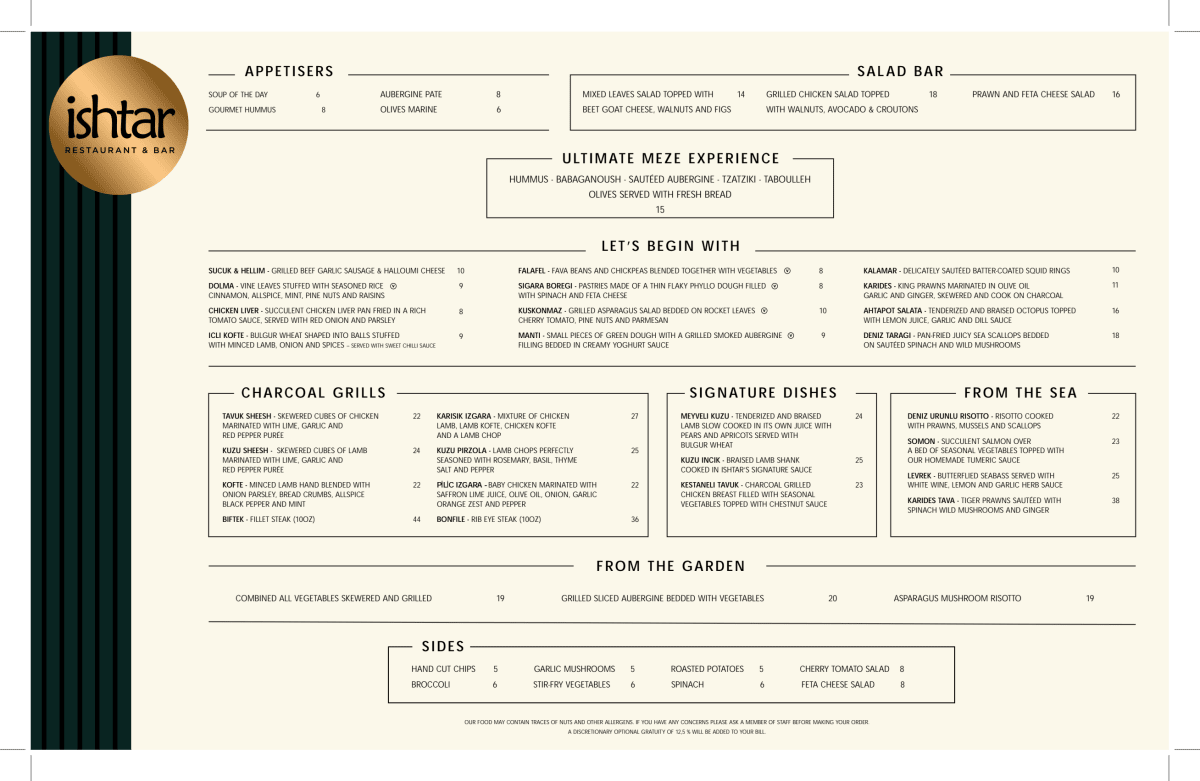 Carta y menù 2024 Actualizados - Ishtar Restaurant en Londres | TheFork