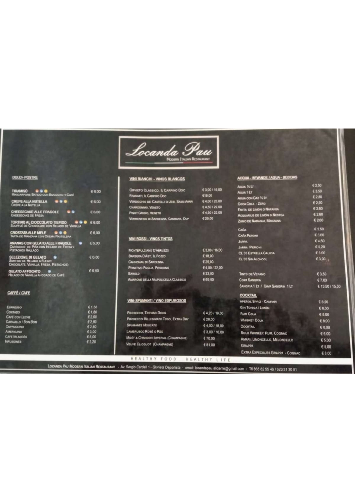 Carte et Menus 2024 - Locanda Pau Modern Italian Restaurant à Alicante ...