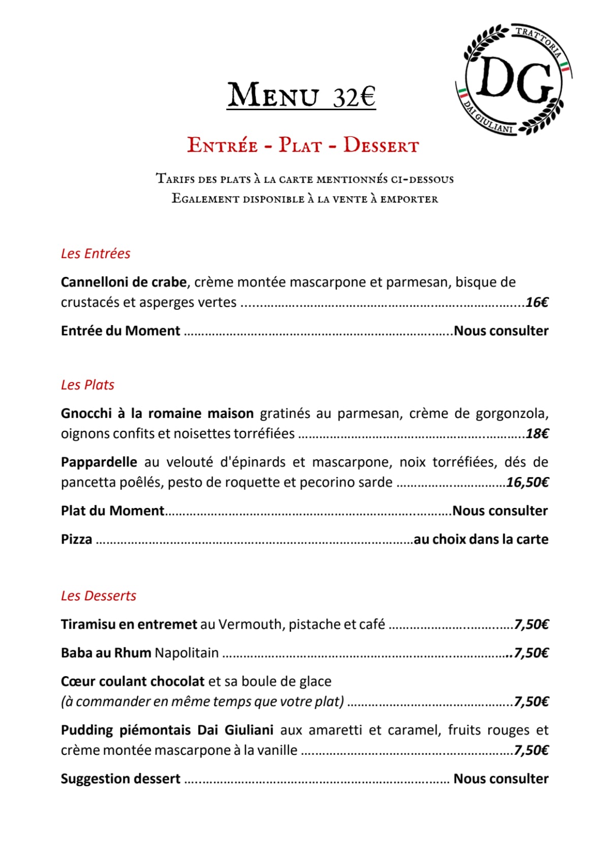 Carte et Menus 2024 - Trattoria Dai Giuliani à Cabriès | TheFork