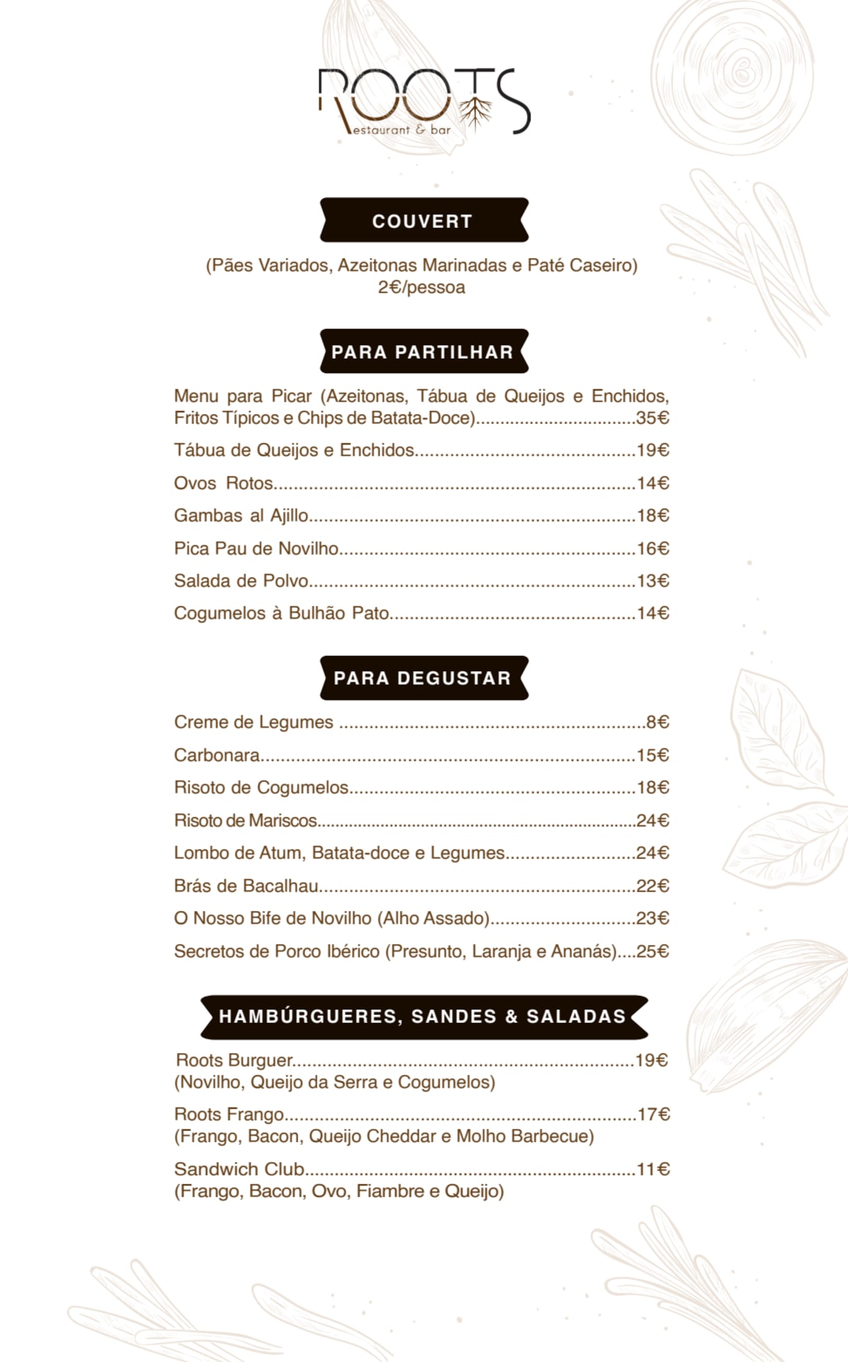 Carta y menù 2024 Actualizados - Roots Bistro Bar en Oliveira do ...