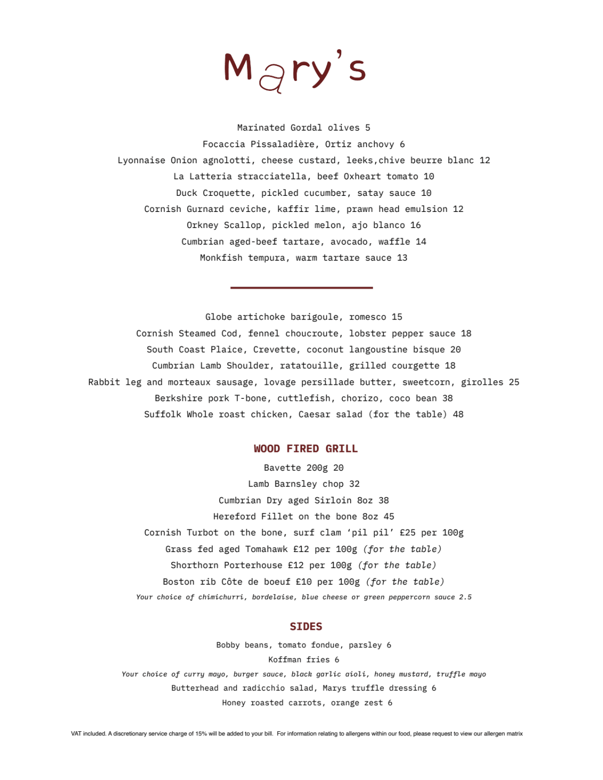 Carte et Menus 2024 - Mary's à Londres | TheFork