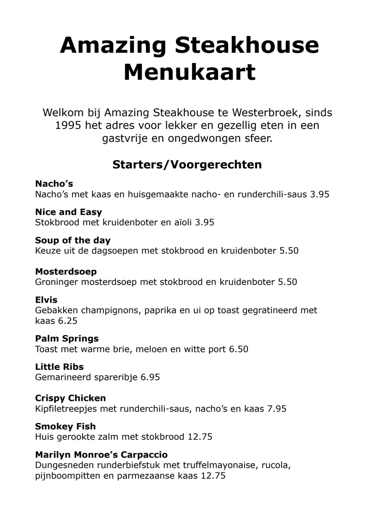 Menu 2024 - Amazing Steakhouse in Westerbroek | TheFork
