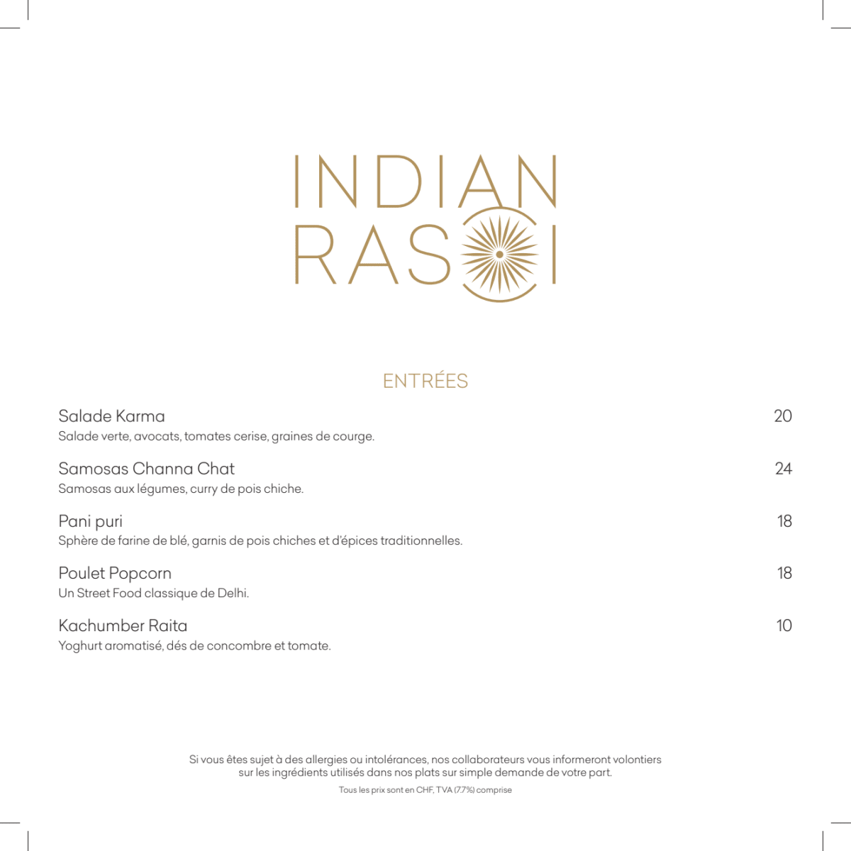 Carte et Menus 2024 - Indian Rasoi à Carouge | TheFork
