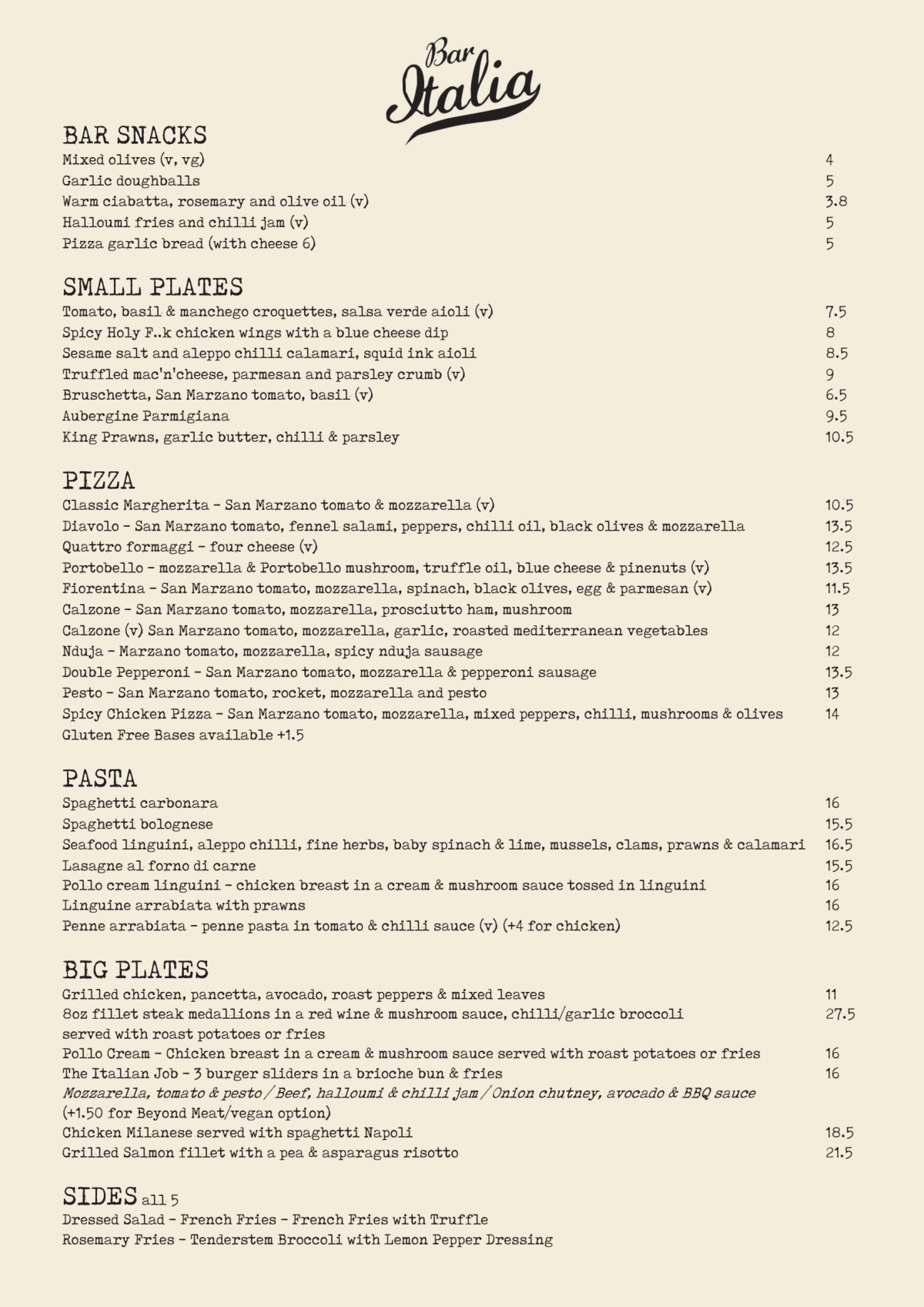 Menù completo e carta 2024 - Bar Italia a Uxbridge | TheFork