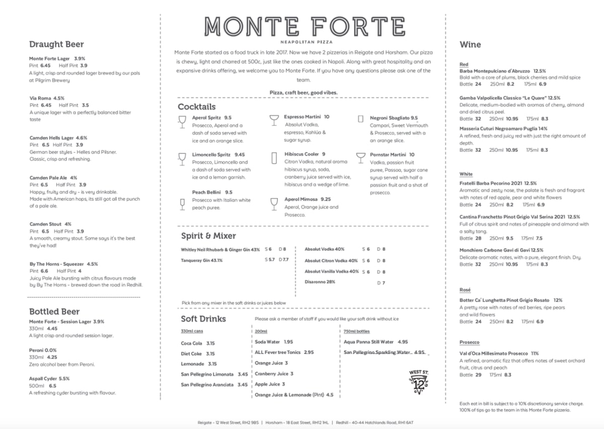 Menus 2024 - Monte Forte - Horsham in Horsham | TheFork