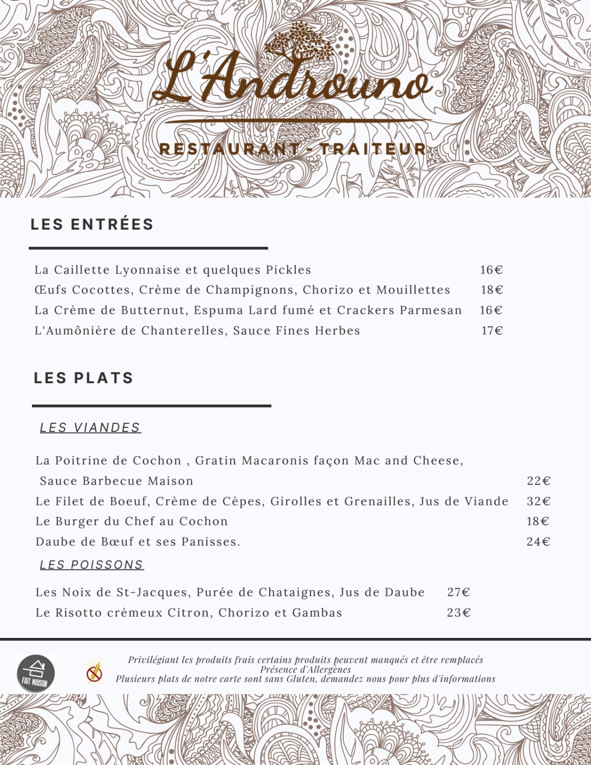 Carte et Menus 2024 - L'Androuno à Draguignan | TheFork