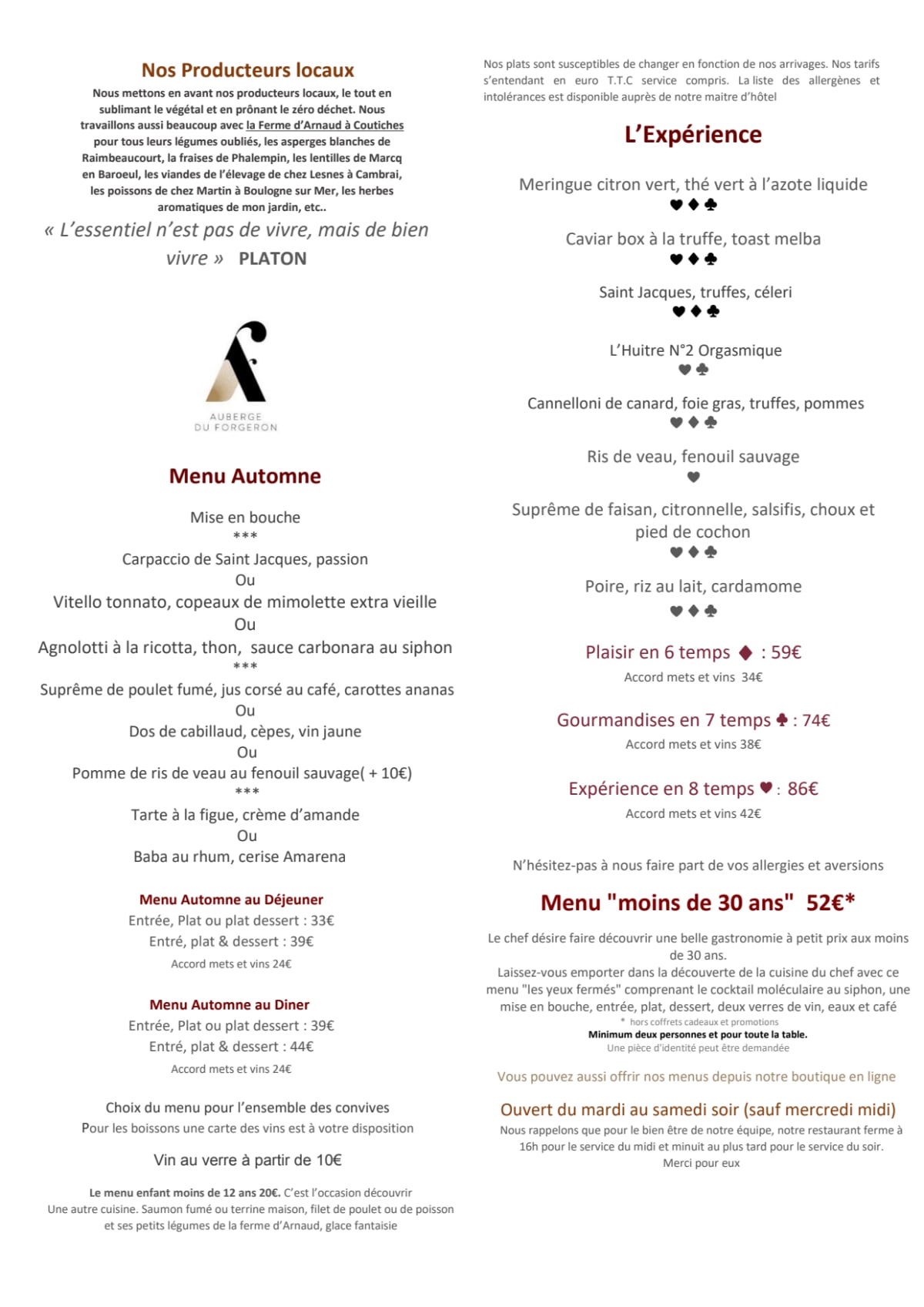 Carte et Menus 2024 - Auberge du Forgeron à Seclin | TheFork