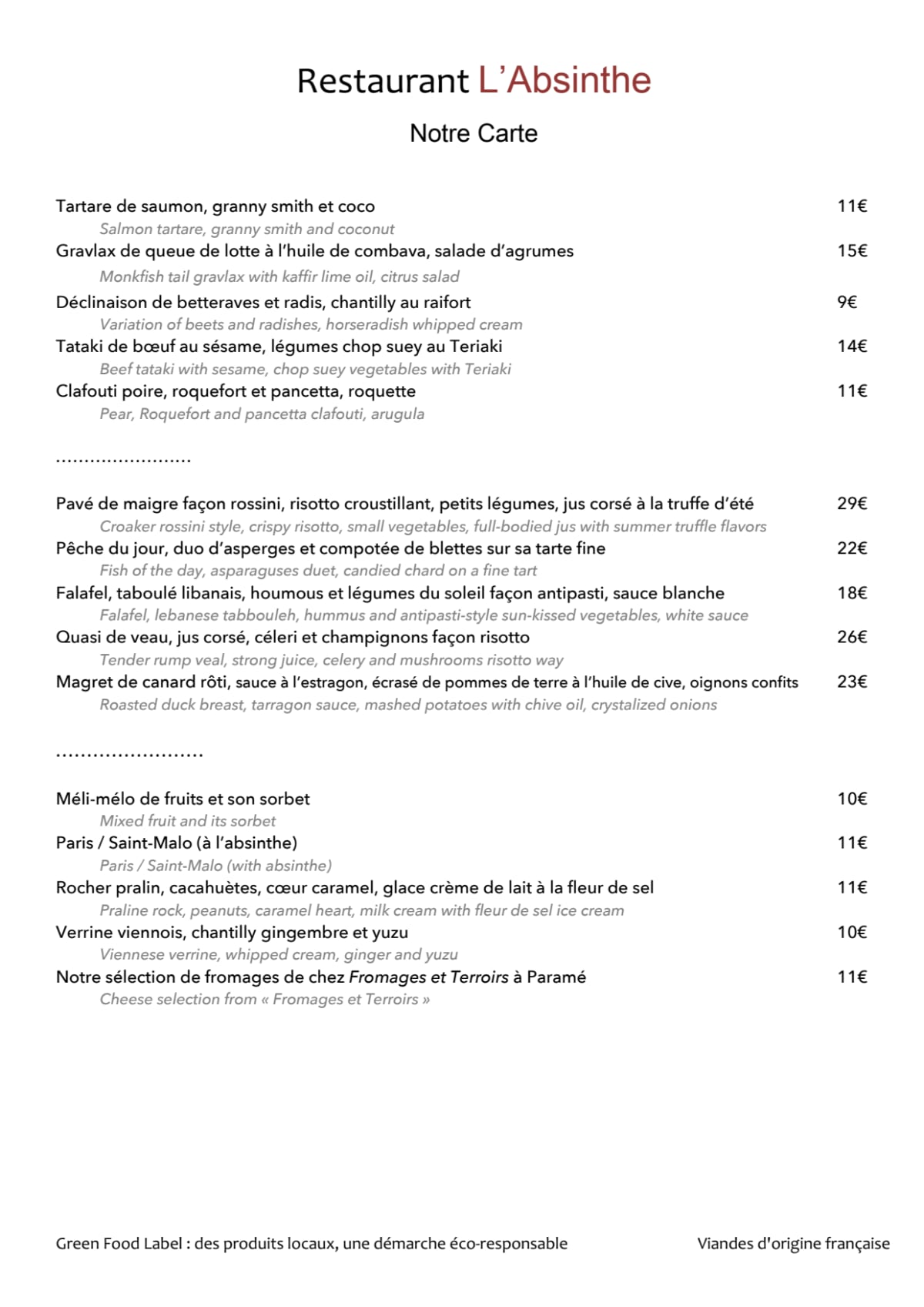 Carte et Menus 2023 - L'Absinthe à Saint-Malo | TheFork