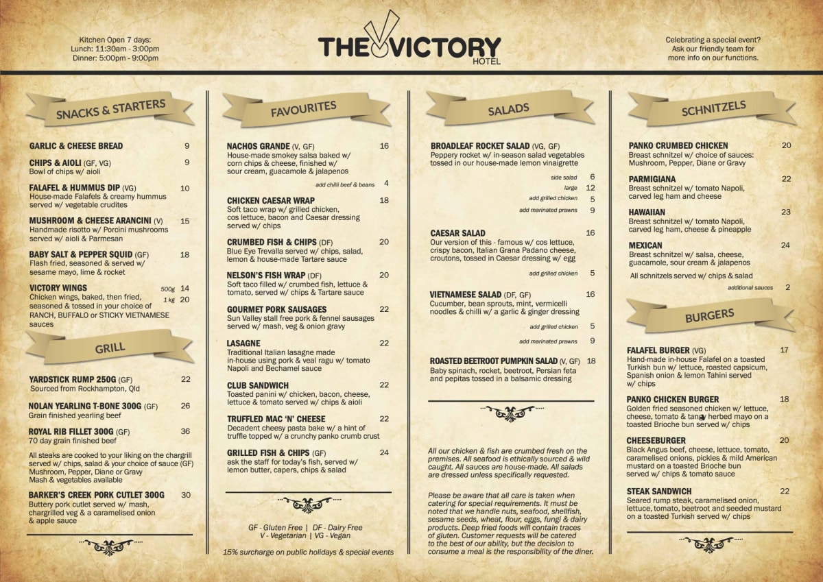 Menu 2024 - The Victory Hotel in Brisbane (QLD) | TheFork