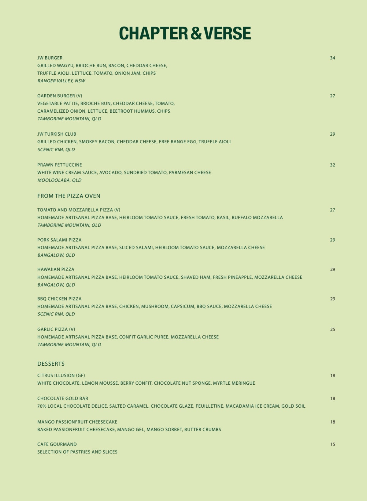 Carte et Menus 2024 - Chapter & Verse à Surfers Paradise (QLD) | TheFork