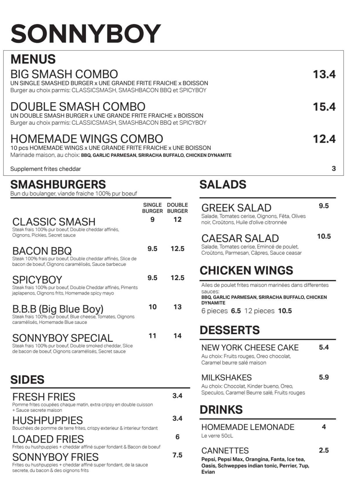 Carte et Menus 2024 - SonnyBoy Smash Burger à Paris | TheFork