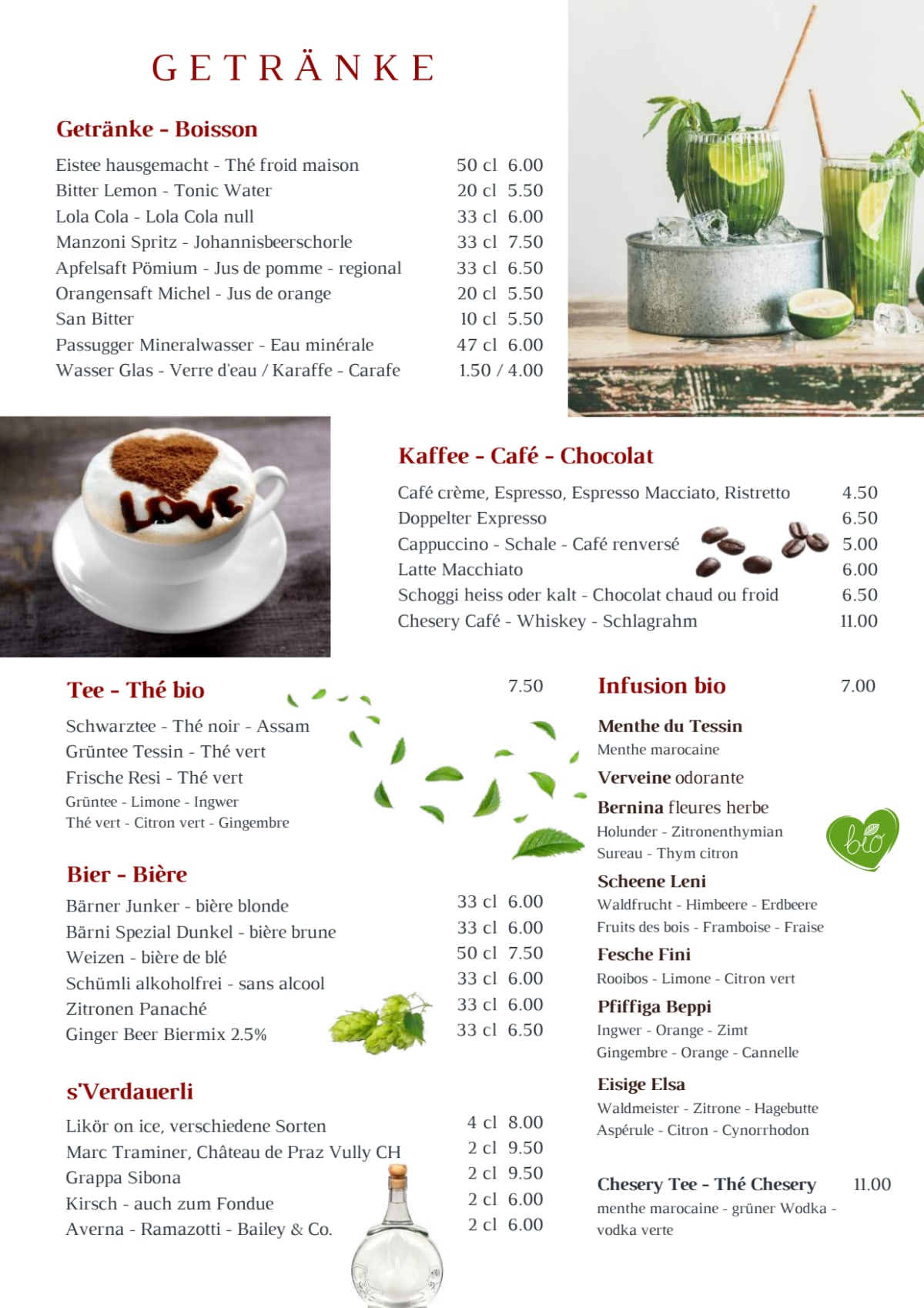 Carte et Menus 2024 - Chesery Restaurant Brocante à Murten | TheFork
