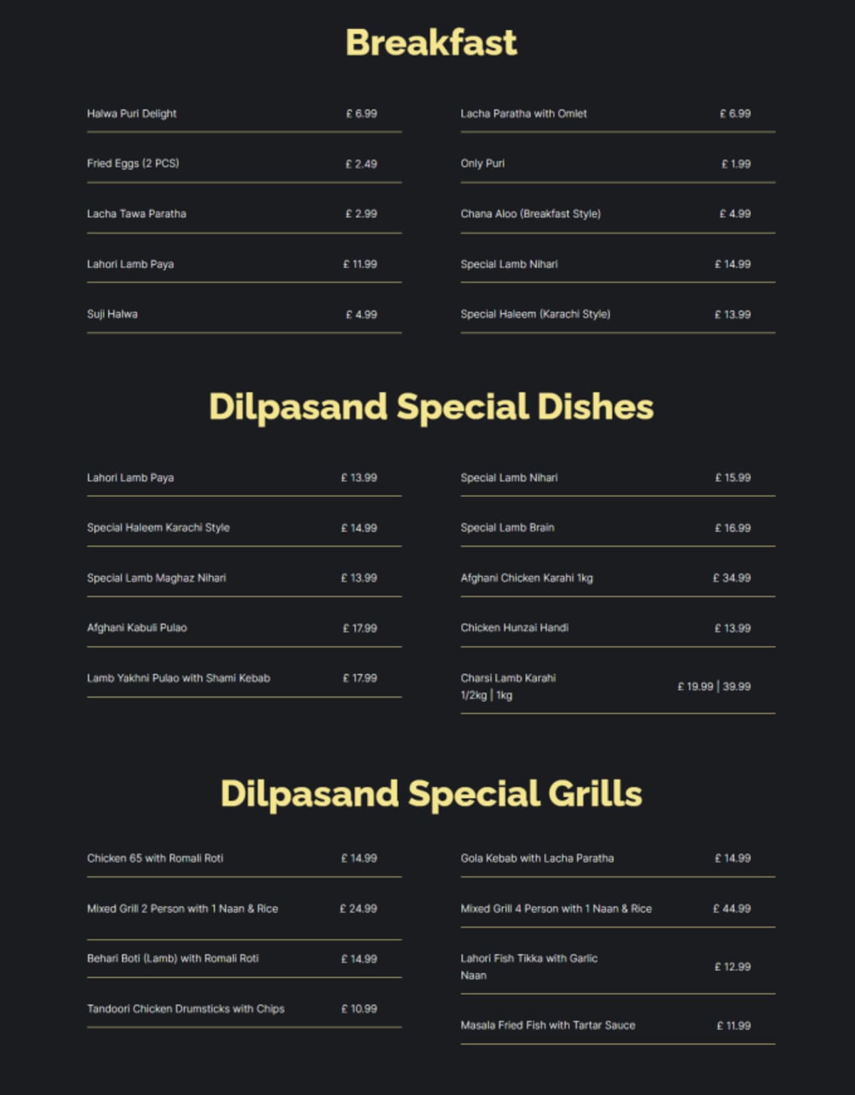 Carte et Menus 2024 - Dilpasand Restaurant à Londres | TheFork