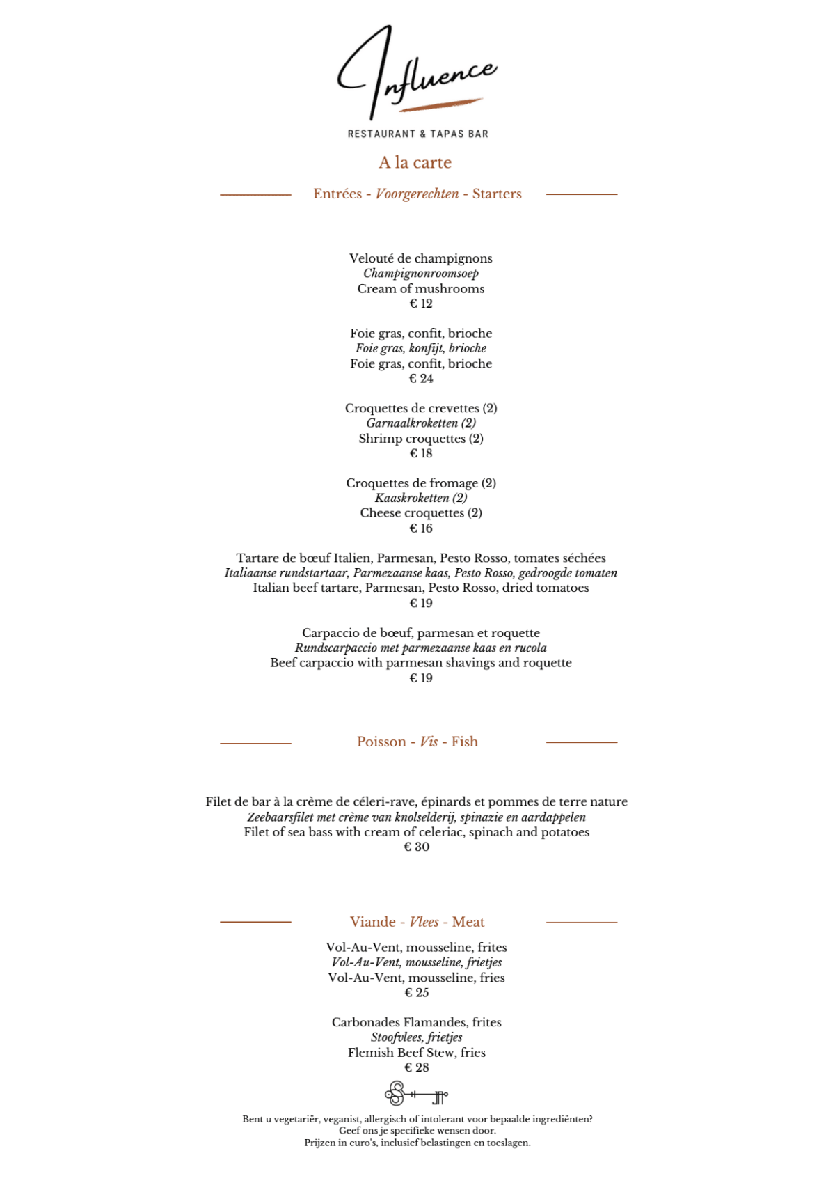 Carte et Menus 2024 - Influence à Bruxelles | TheFork
