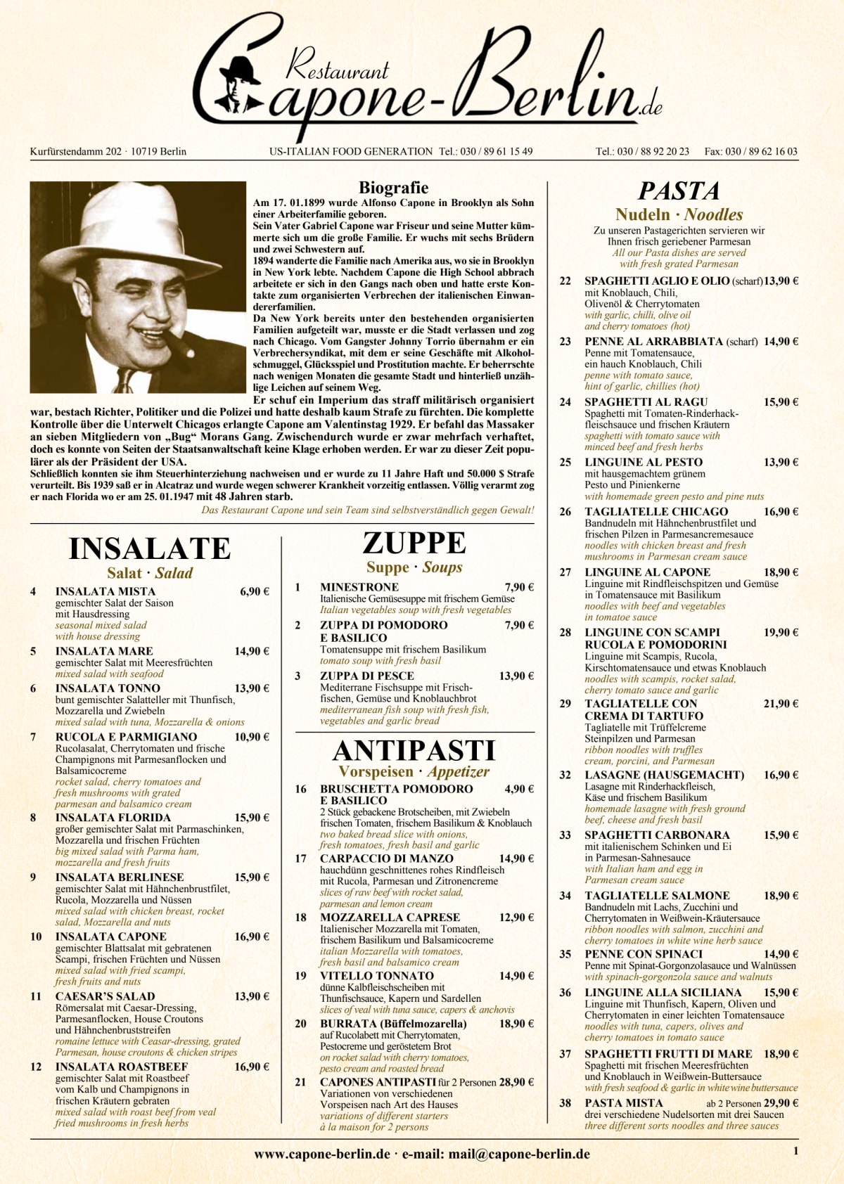 Menu 2024 - Restaurant Capone Berlin in Berlin | TheFork