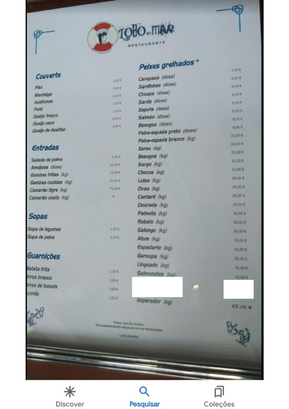 Menu 2024 - Lobo do Mar Restaurante in Sesimbra | TheFork