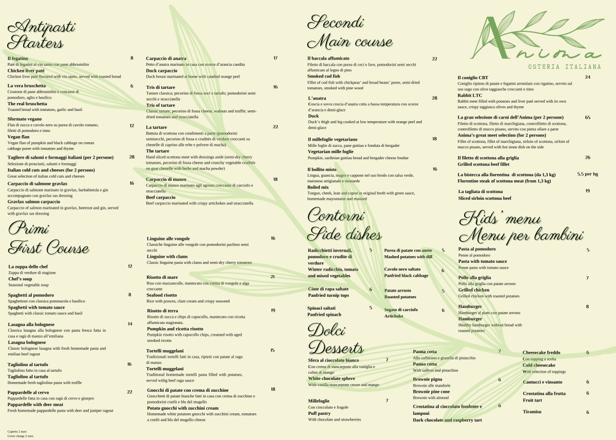 Menu 2024 - Anima Osteria Italiana in Florence | TheFork