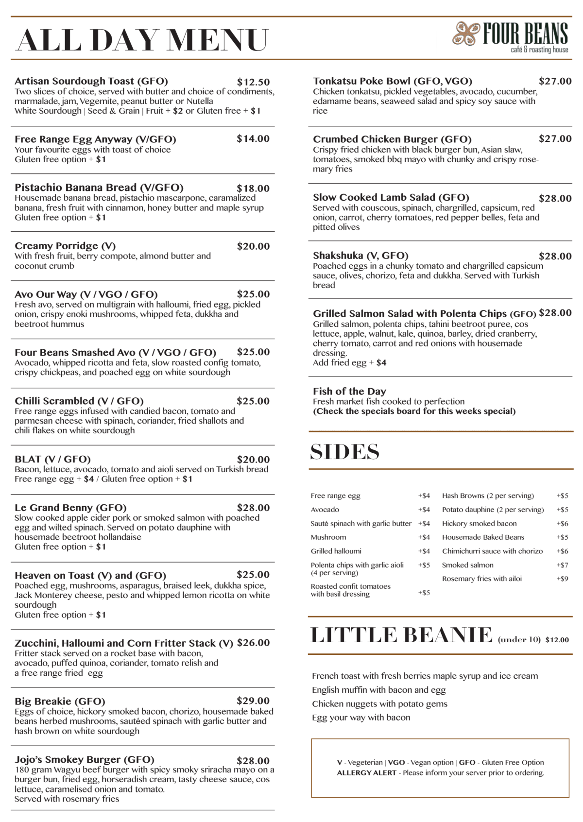 Menu 2024 - Four Beans Cafe in Northcote (VIC) | TheFork