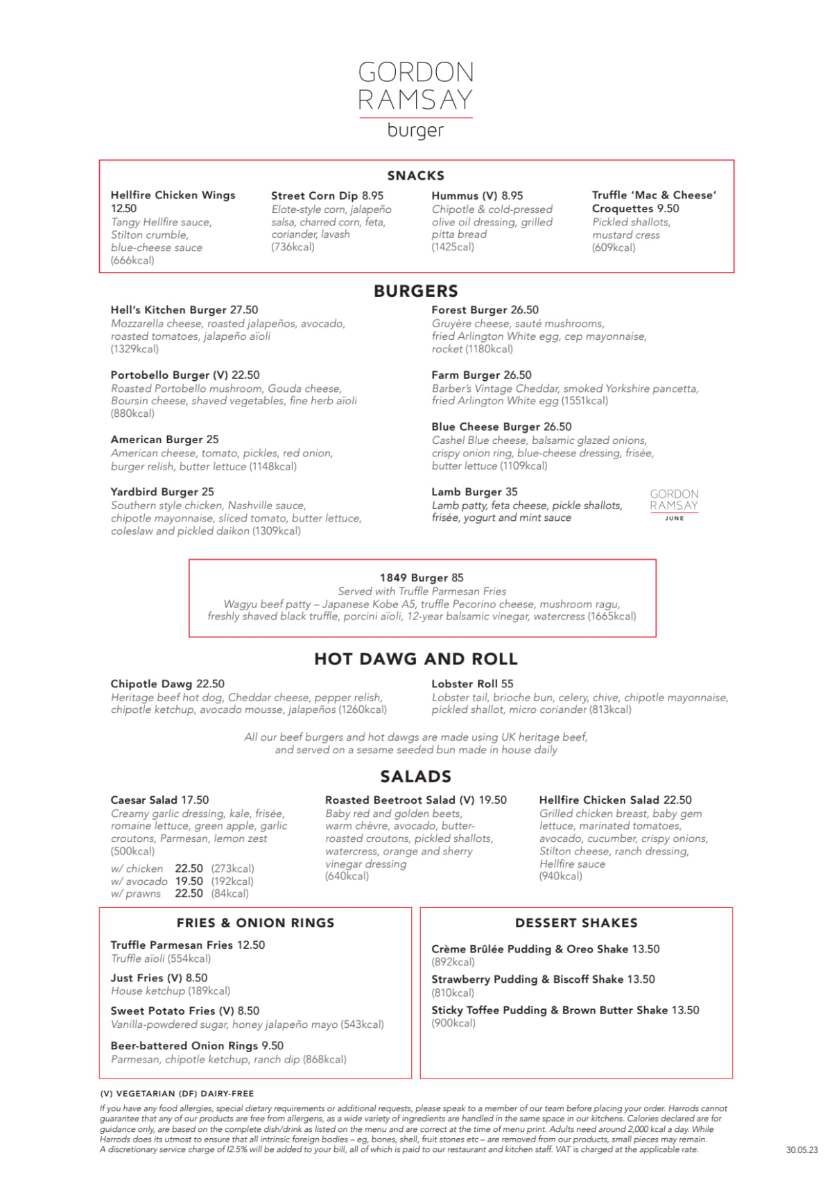 Menù completo e carta 2023 - Gordon Ramsay Burger @ Harrods a Londra ...