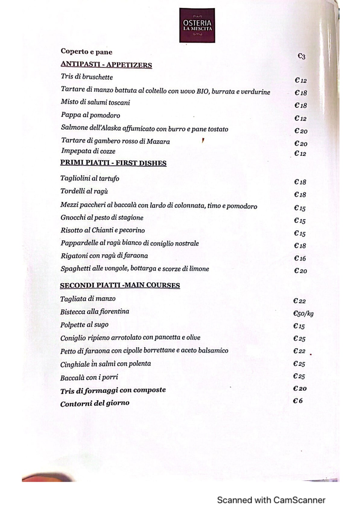 Menu 2024 - Osteria La Mescita in Pisa | TheFork