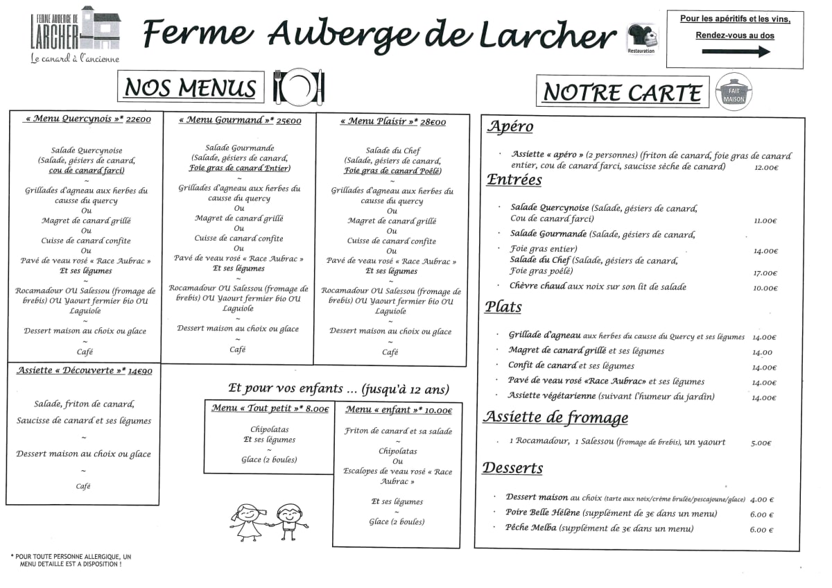 Carte et Menus 2024 - La Ferme Auberge de Larcher à Cœur-de-Causse ...