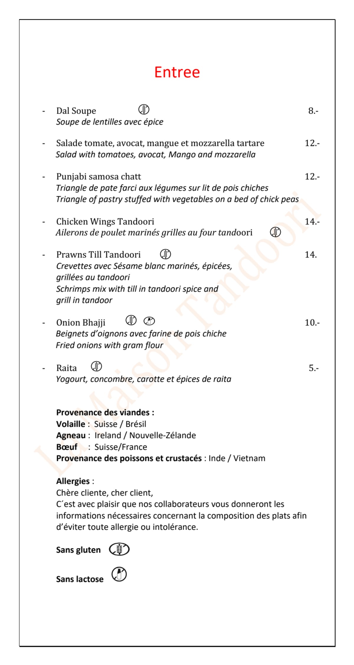 Menu 2024 - La Maison Tandoori in Bussigny-près-Lausanne | TheFork