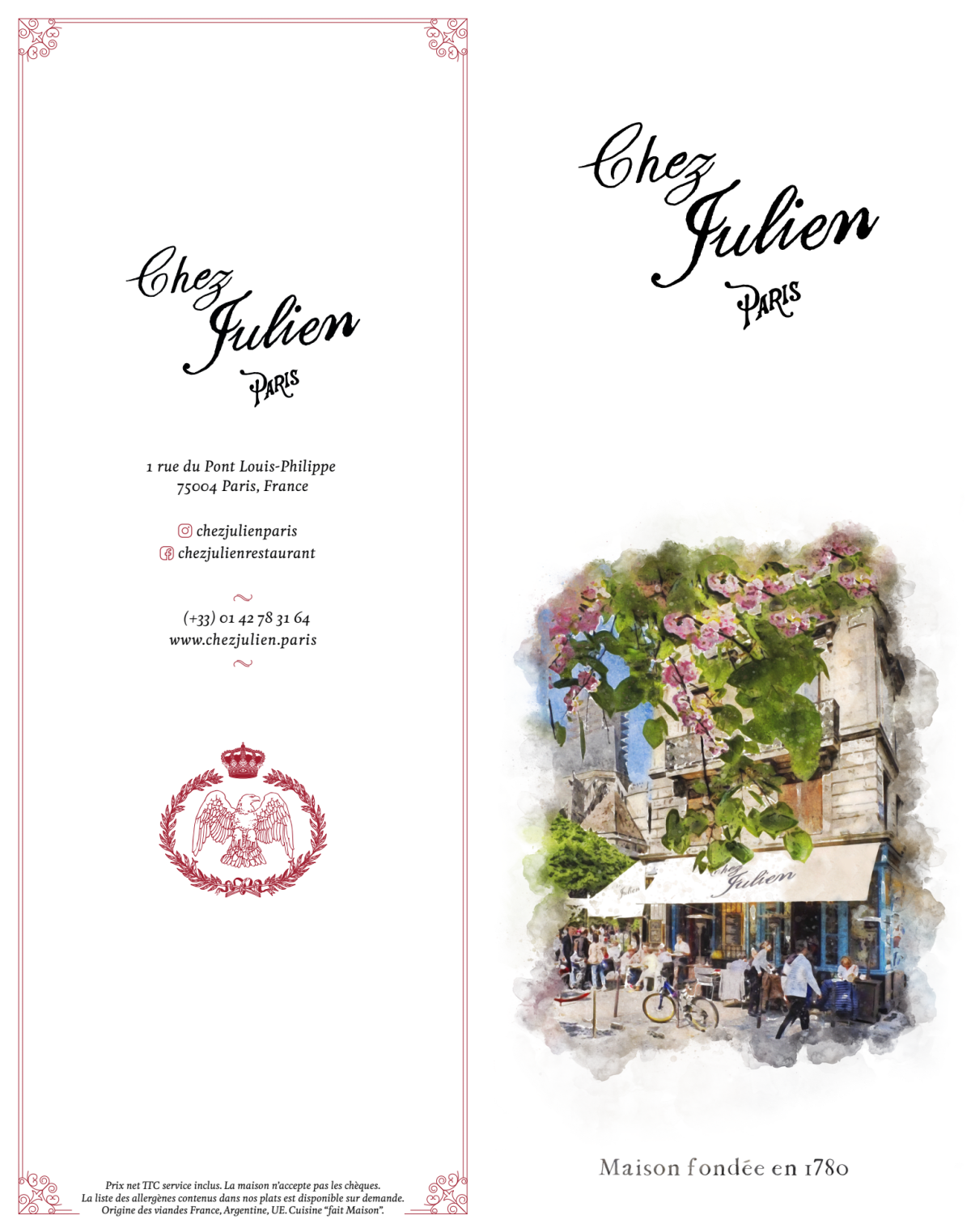 Carte et Menus 2024 - Chez Julien à Paris | TheFork