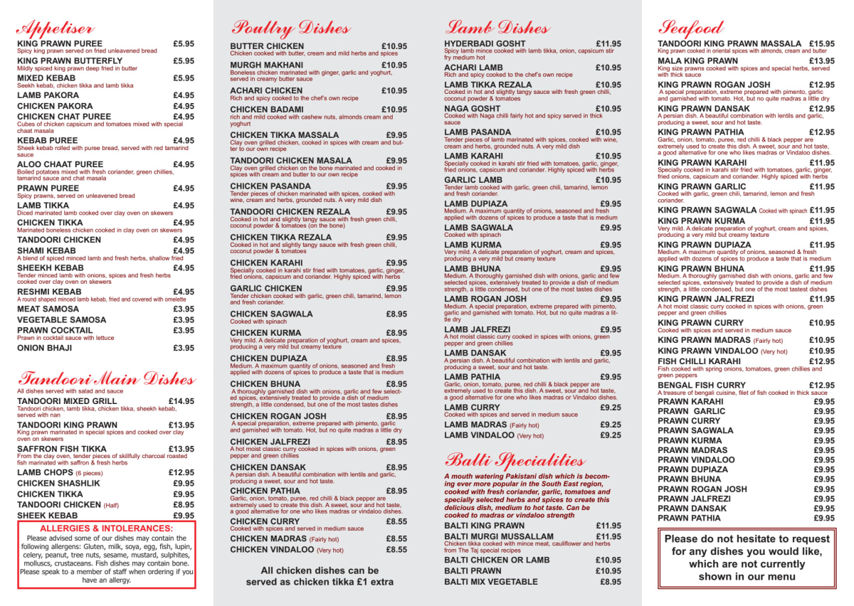 Carte et Menus 2024 - The Taj Mahal Restaurant à Slough | TheFork