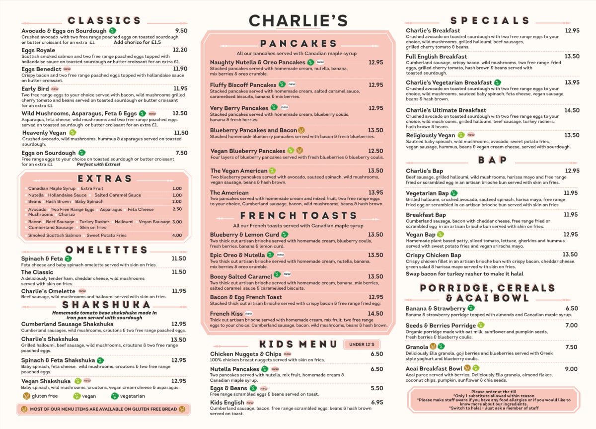 Carte et Menus 2024 - Charlie's Cafe & Bakery à Londres | TheFork